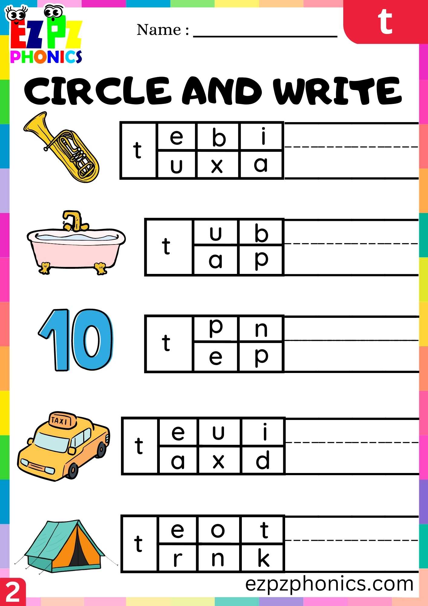Group2 Letter T Circle And Write Beginning Sounds Worksheet - ezpzphonics.com